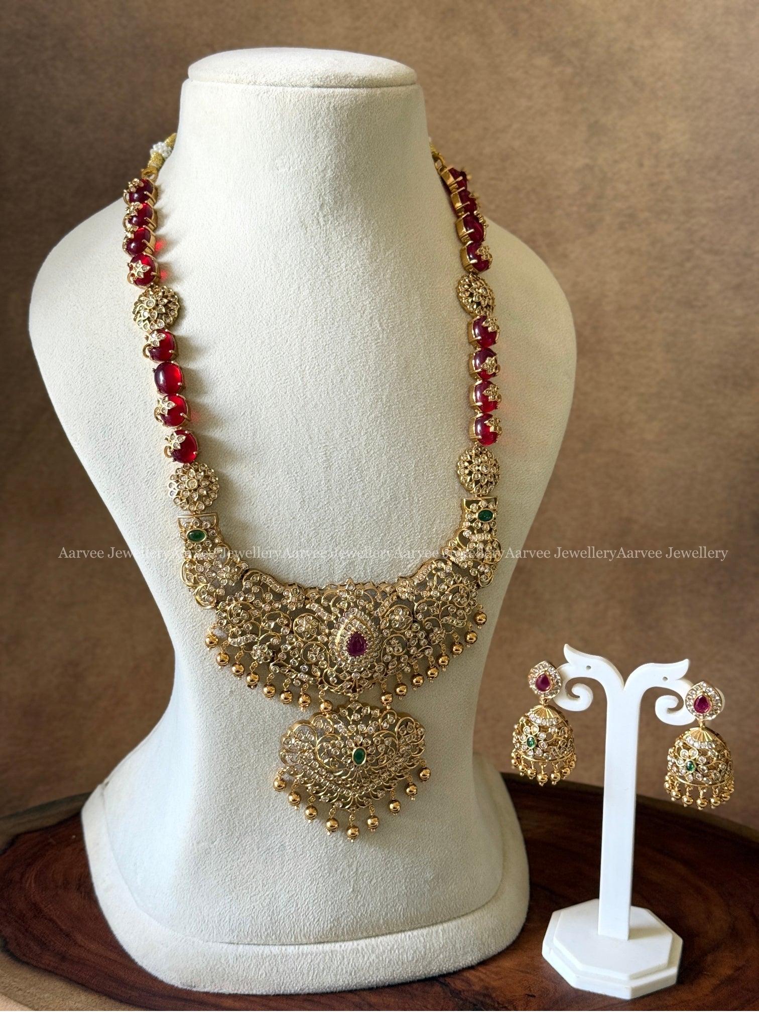 CZ RED STONE HARAM SET WITH GOLD BEADS – AARVEE JEWELLERY