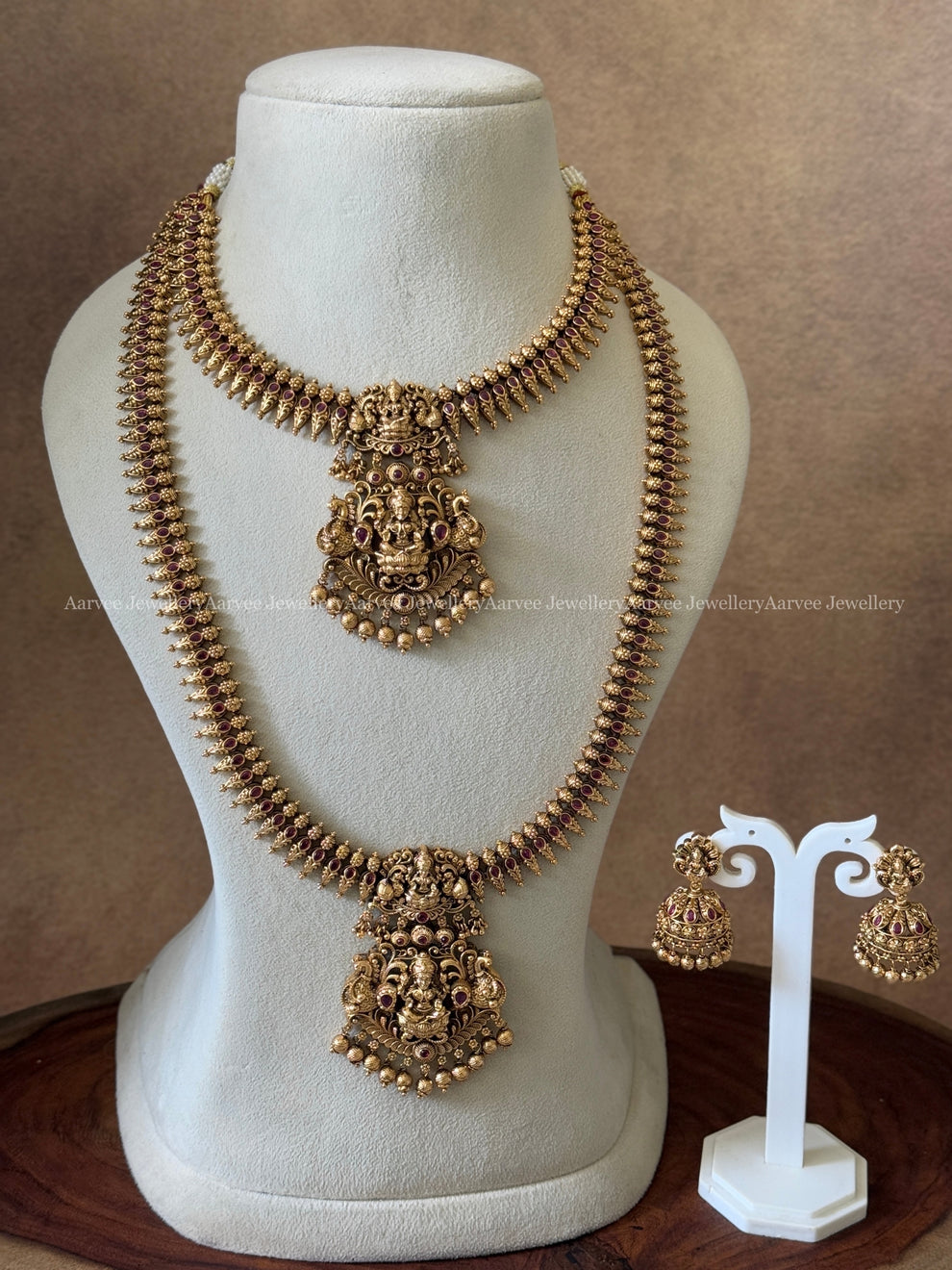 ANTIQUE GOLD LAKSHMI PENDANT NECKLACE AND HARAM SET WITH RUBY STONE ...