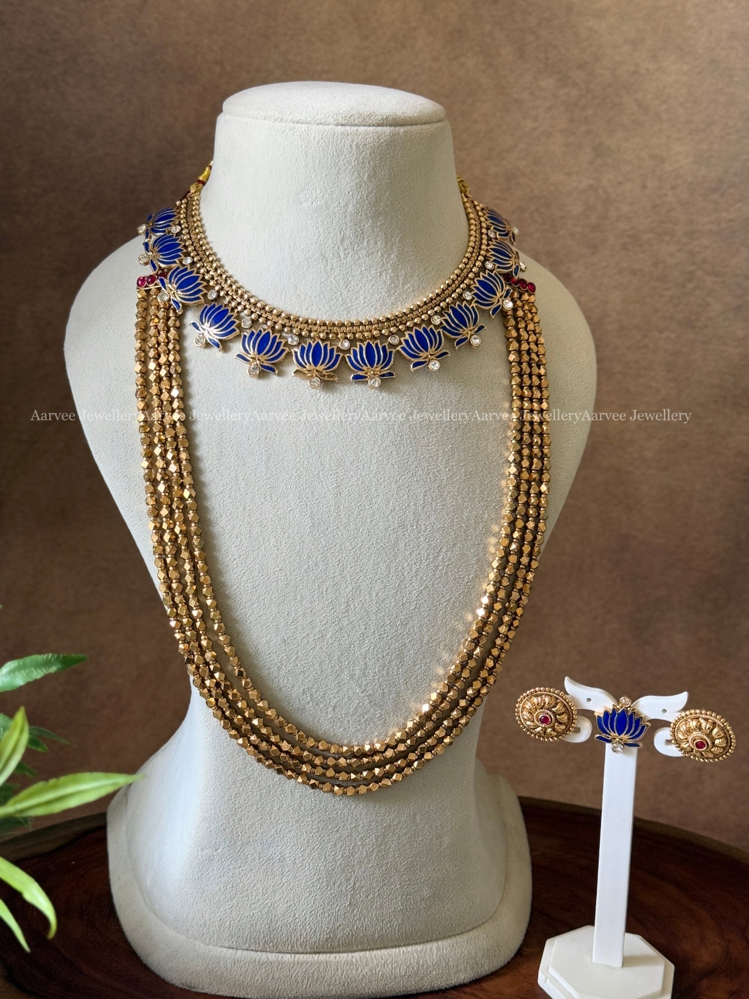 COMBO - BLUE COLOR GOLD CHAIN LOTUS NECKLACE WITH GOLD BEADED LAYERED ...