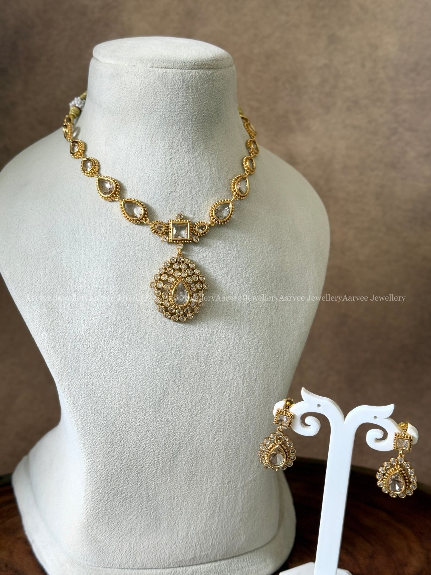 CZ WHITE STONE VICTORIAN TEAR DROP NECKLACE SET – AARVEE JEWELLERY