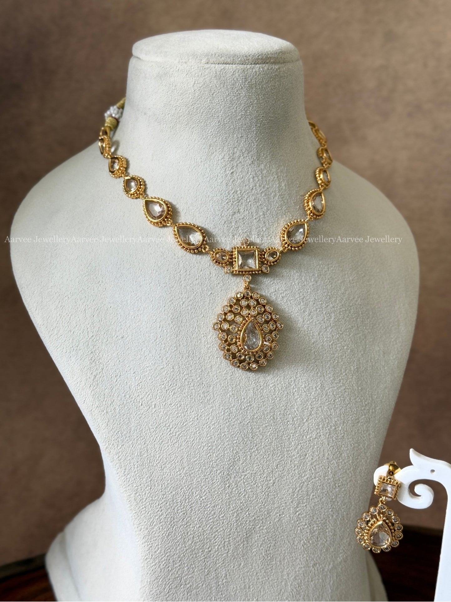 CZ WHITE STONE VICTORIAN TEAR DROP NECKLACE SET – AARVEE JEWELLERY